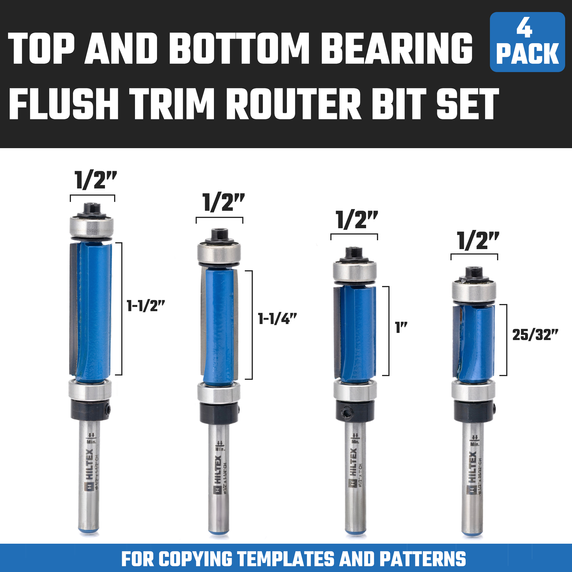 HILTEX 10104H Top and Bottom Bearing Pattern Flush Trim Router Bit Set ...
