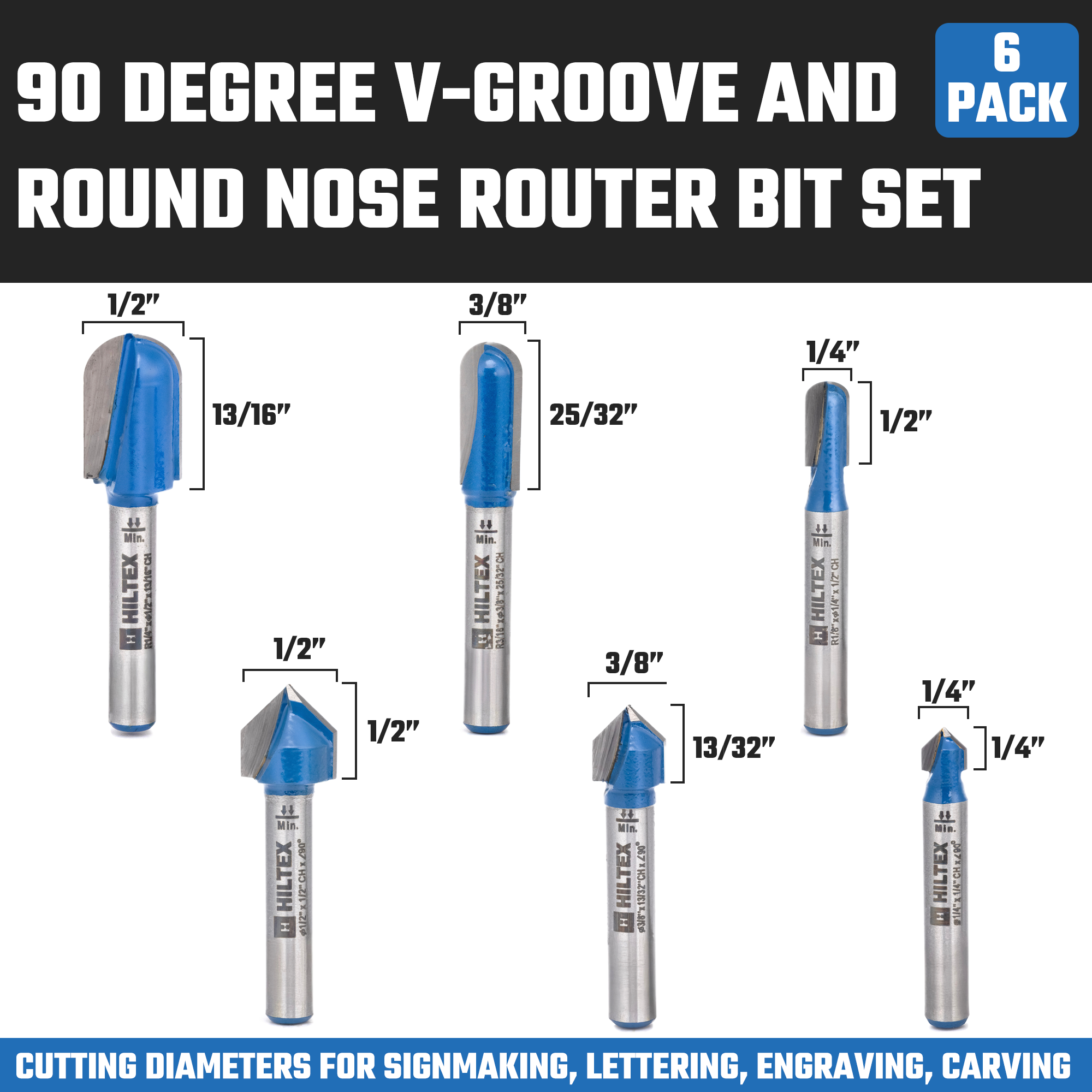 HILTEX 10106H 90 Degree V-Groove and Round Nose Router Bit Set, 6 ...