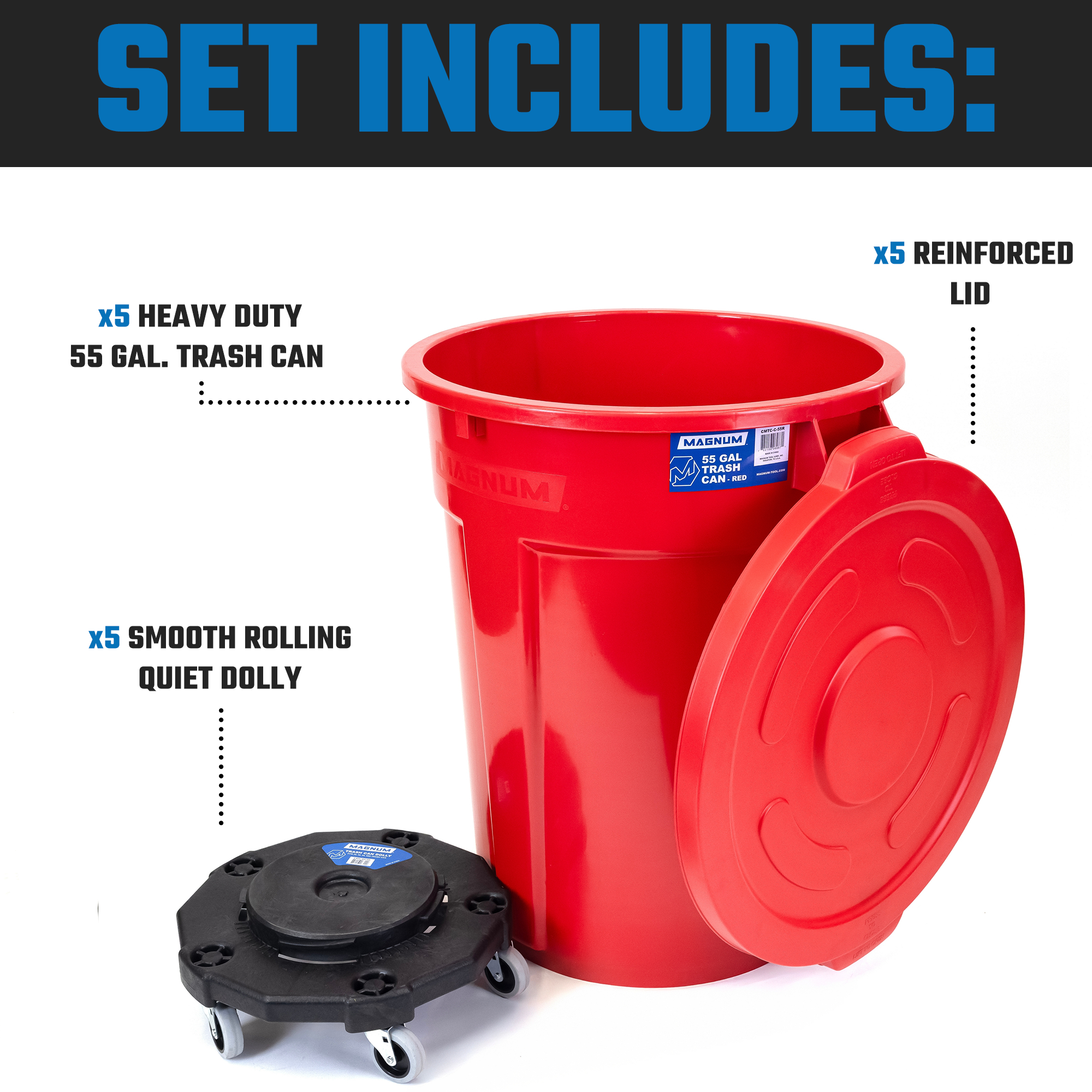 MAGNUM Red 55 Gallon Trash Can Set (Trash Can, Quiet Dolly, and ...